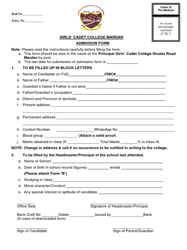 Form - 1st Year - Pre - Medical | PDF