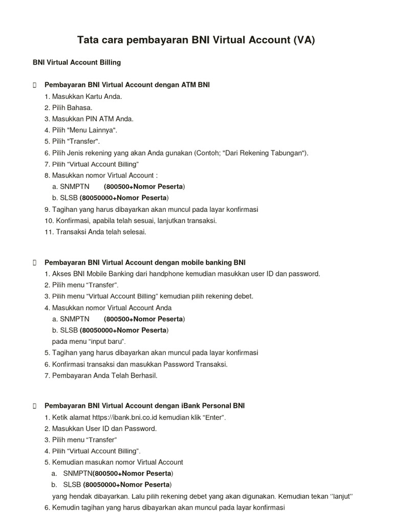 Panduan Pembayaran Virtual Account Bni 46 20799 | PDF