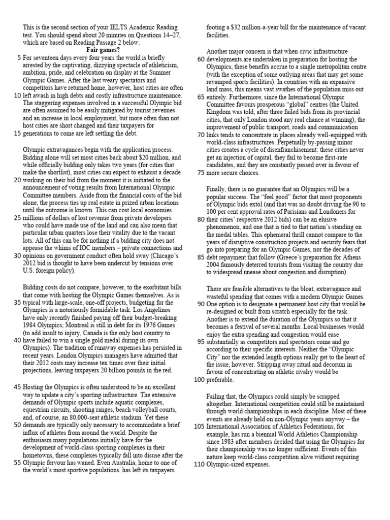 Academic Reading Passage 2 - Fair (Olympic) Games | PDF | Olympic Games