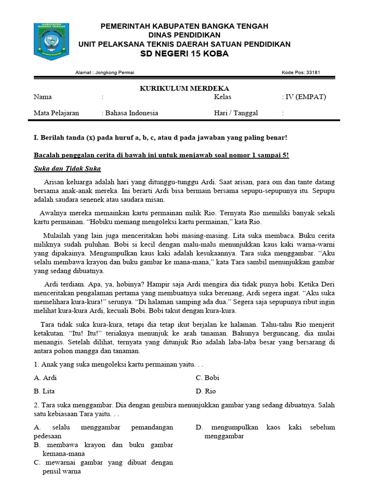 Soal Bahasa Indonesia Kelas 4 | PDF