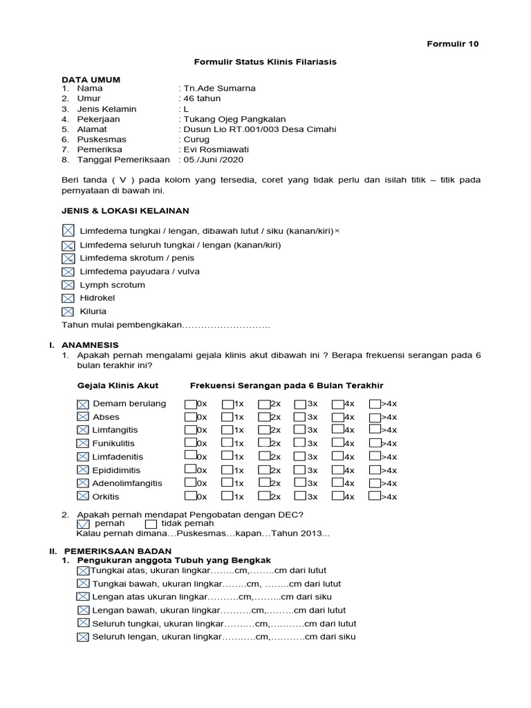 10. FORMULIR STATUS KLINIS FILARIASIS PUSKESMAS CURUG (1) | PDF