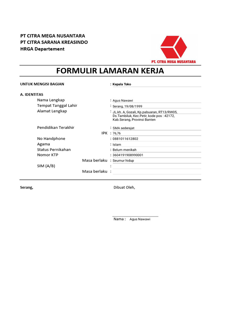 Contoh Formulir Pendaftaran Kerja | PDF