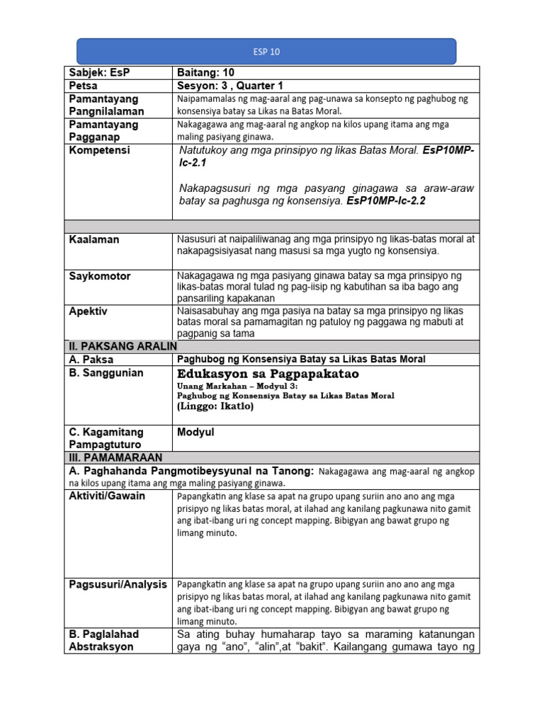 EsP10 - Q1 - Lesson Plan3 - Q1 | PDF