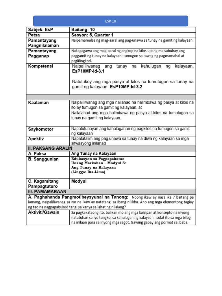 EsP10 - Q1 - Lesson Plan5 - Q1 | PDF