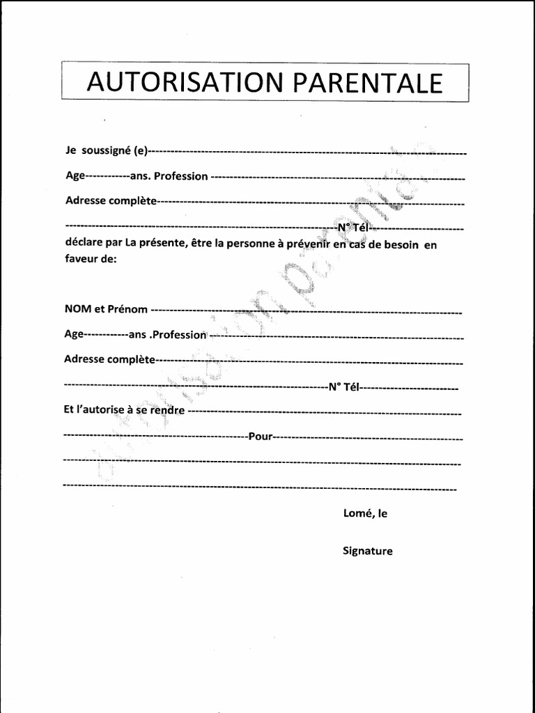 Formulaire Autorisation Parentale 5e6237ef52bfe145806470 | PDF