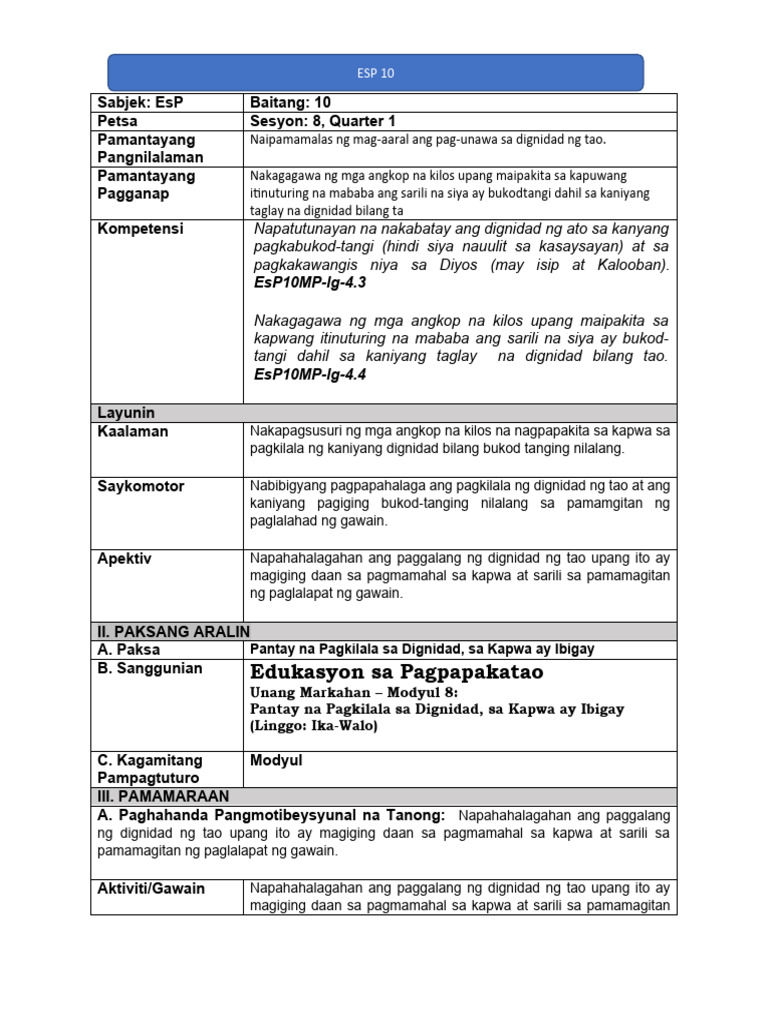 EsP10 - Q1 - Lesson Plan8 - Q1 | PDF
