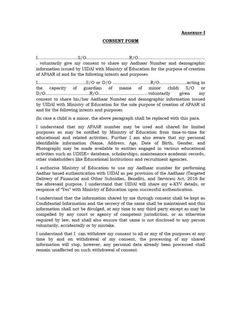 Annexure - Consent Form and Use of APAAR ID | PDF | Social Science