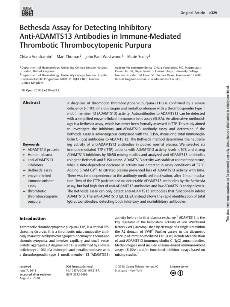 Bethesda Assay For Detecting Inhibitory Anti-ADAMTS13 Antibodies in ...