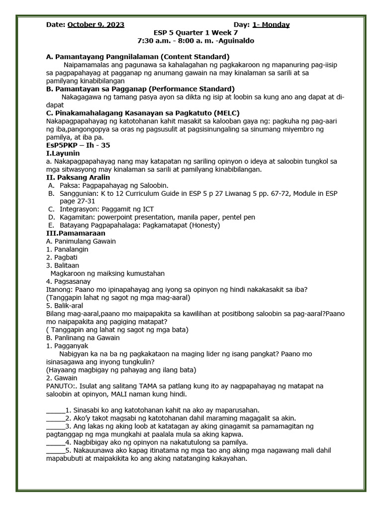 1st Q ESP V Week 7 | PDF