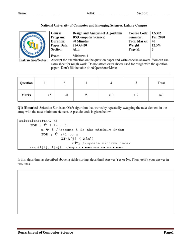Design and Analysis of Algorithms Mid 1 Fall 2020 | PDF