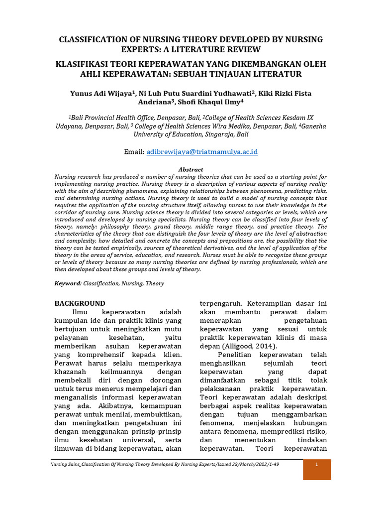 Classification of Nursing Theory Developed by Nursing Experts | PDF | Theory | Science