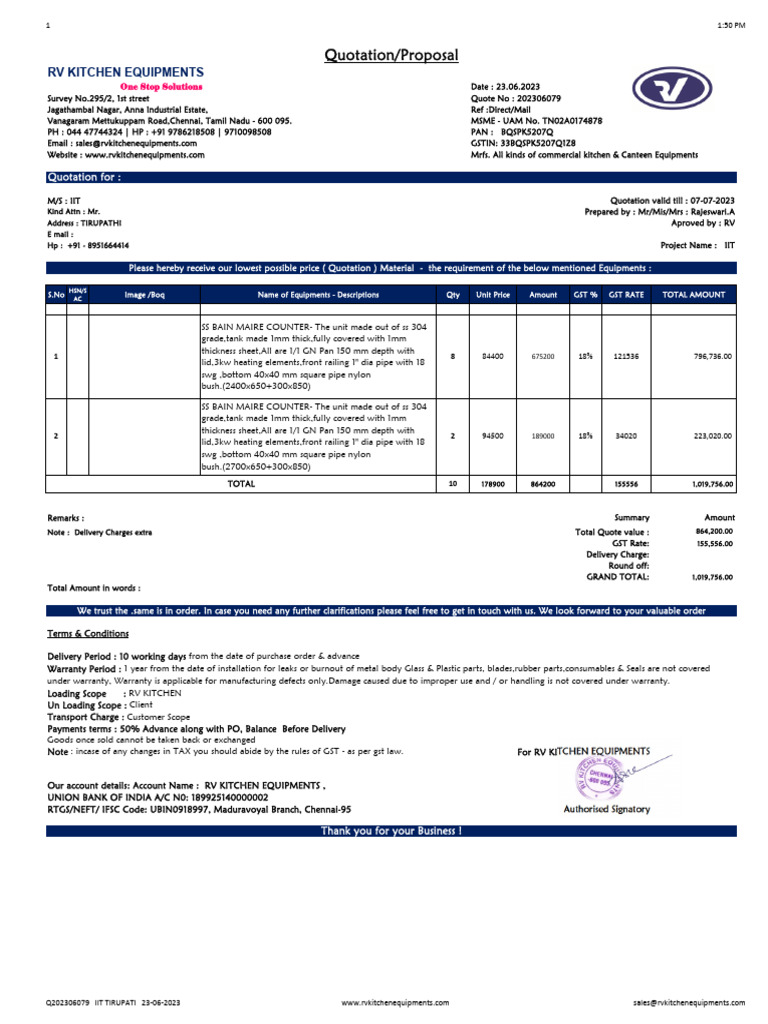 IIT Tirupati Kitchen Quote | PDF
