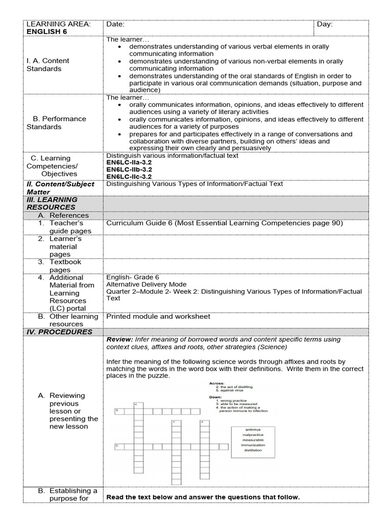 English 6 DLP-DRRM Integration | PDF | Learning | Essays