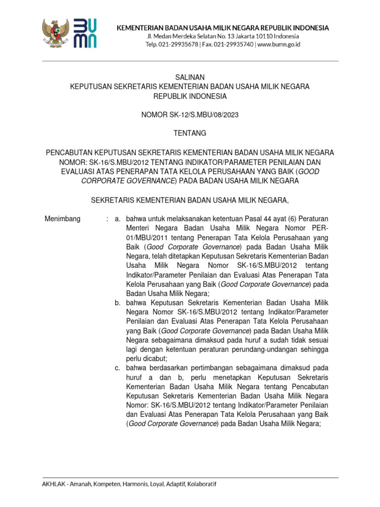 SK SesMen BUMN 12 2023 | PDF | Bisnis