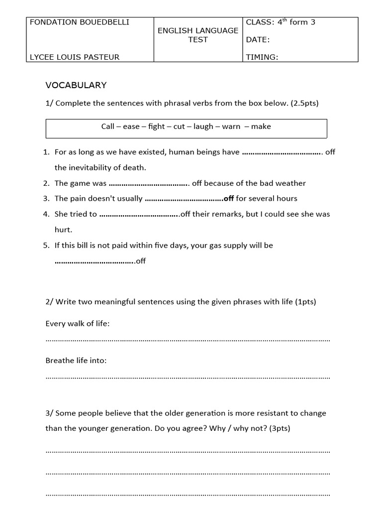 Test Anglais 4eme 3 | PDF | Linguistics | Linguistic Typology