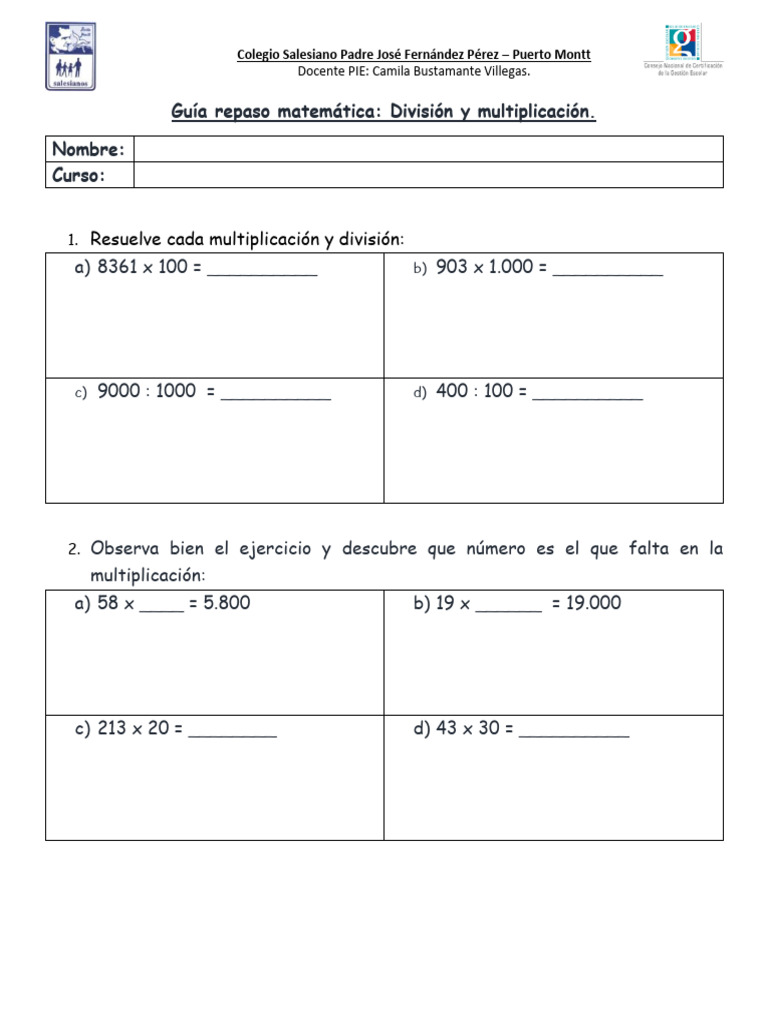 Guía de Matemáticas: Multiplicación y División | PDF