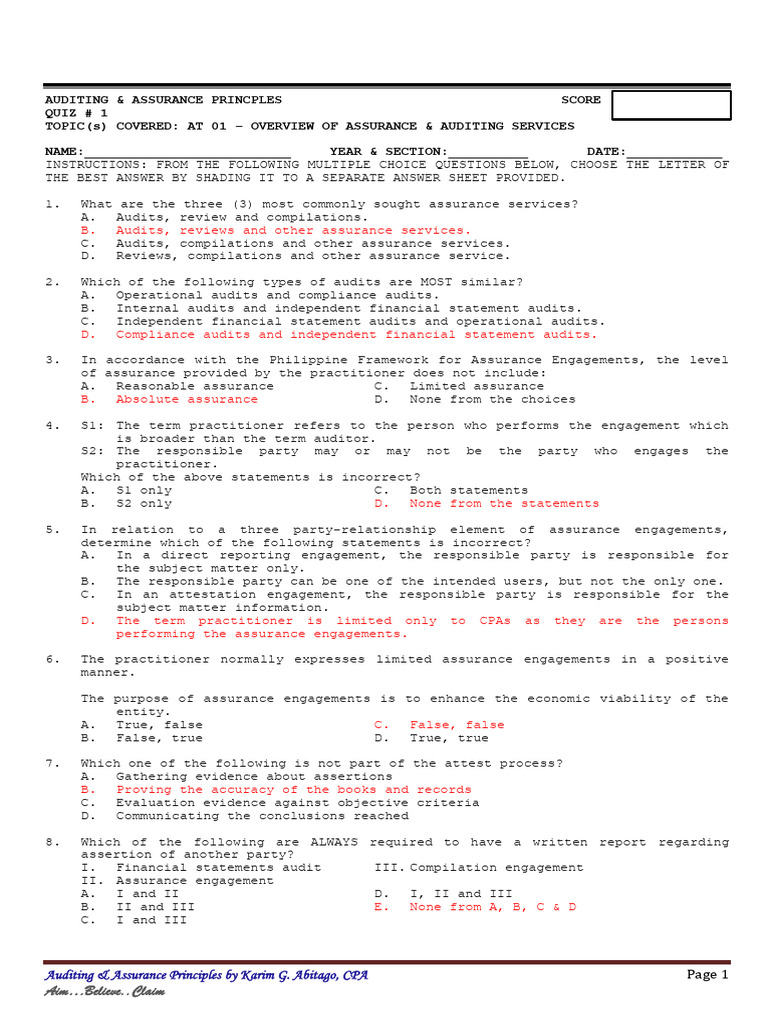 01 Quiz On Topic 1 With Answer Key | PDF | Audit | Financial Audit