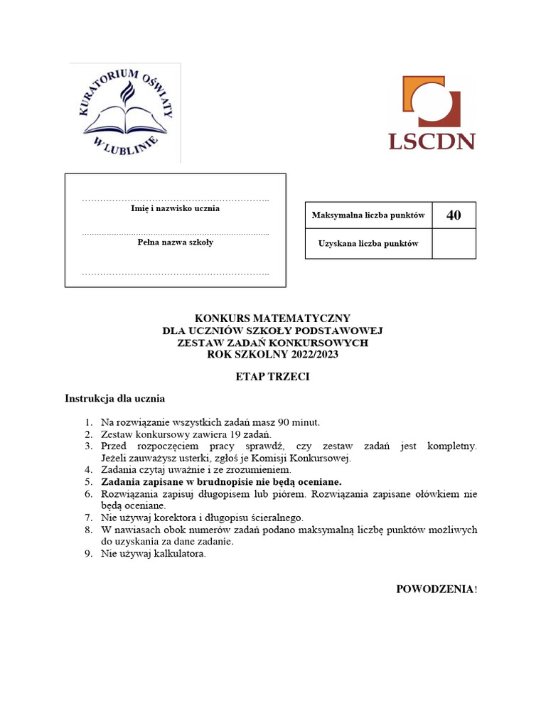 Konkurs Matematyczny - Etap Wojewodzki 2022 2023 | PDF