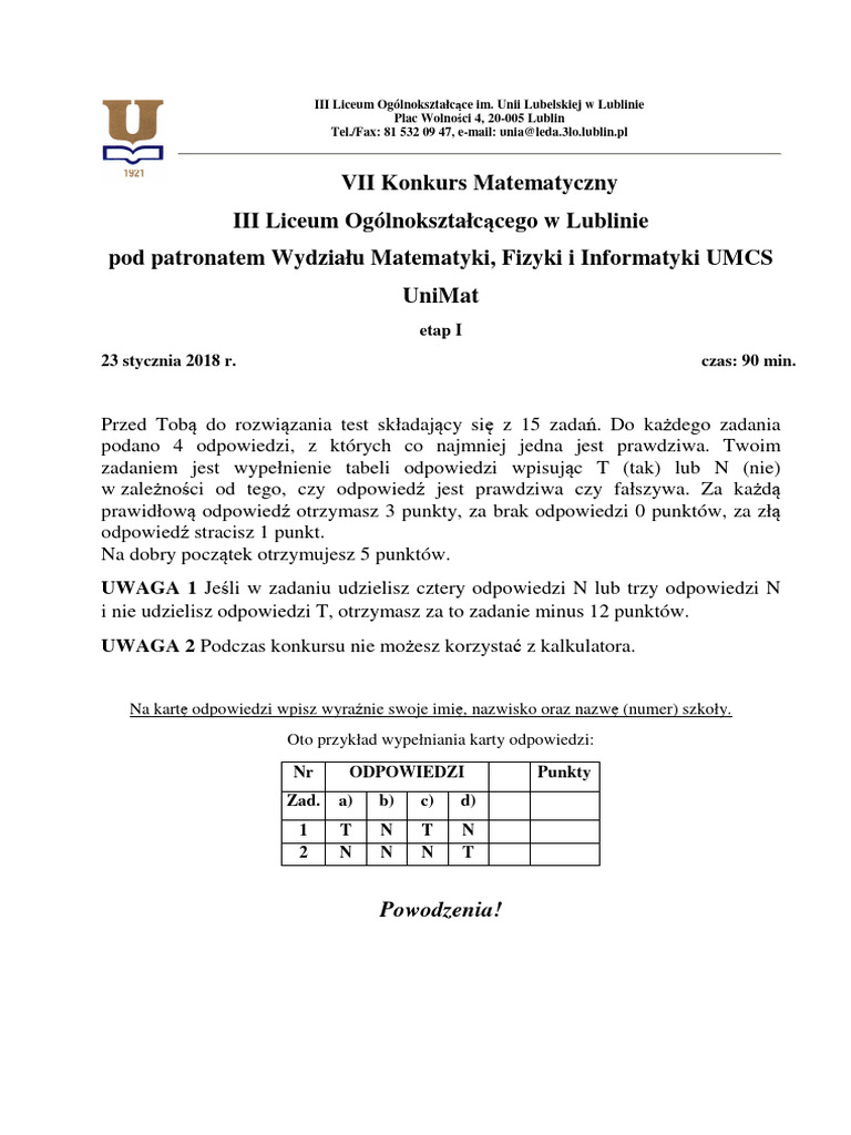 UniMat 2018 I Etap | PDF