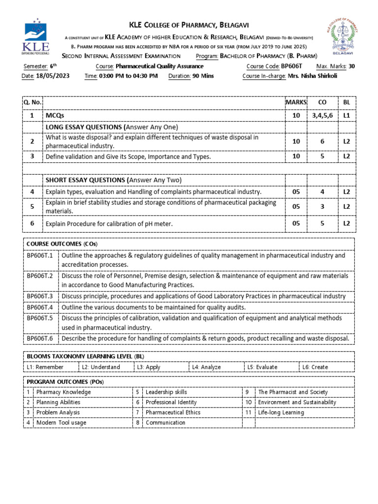 B. Pharm - OBE - Revised Question Paper Format - (May - 2023) | PDF ...