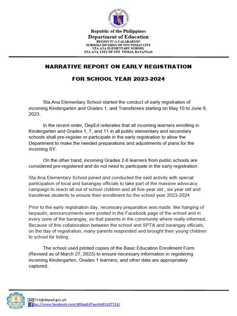 Narrative On Early Registration 2023-2024 | PDF | Social Institutions