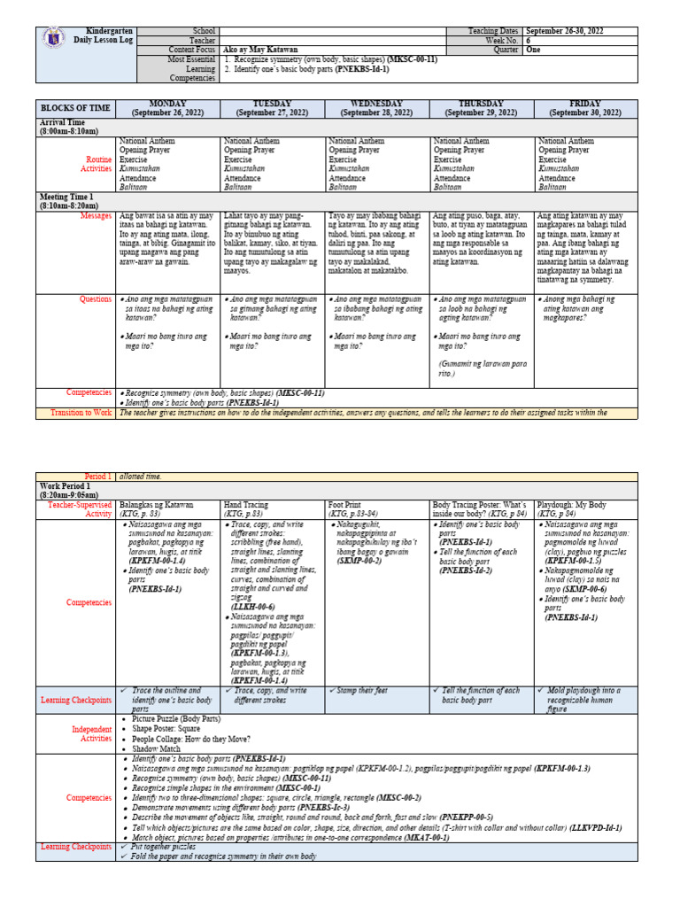Kindergarten-DLL-MELC-Q1-Week 6 Ctto | PDF