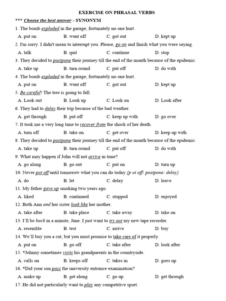 Exercise On Phrasal Verbs Qa | PDF