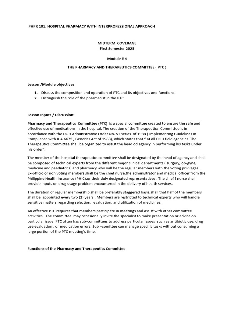 Module 4 HOSPITAL PHARMACY WITH INTERPROFESSIONAL APPROACH | PDF | Pharmacy | Inventory