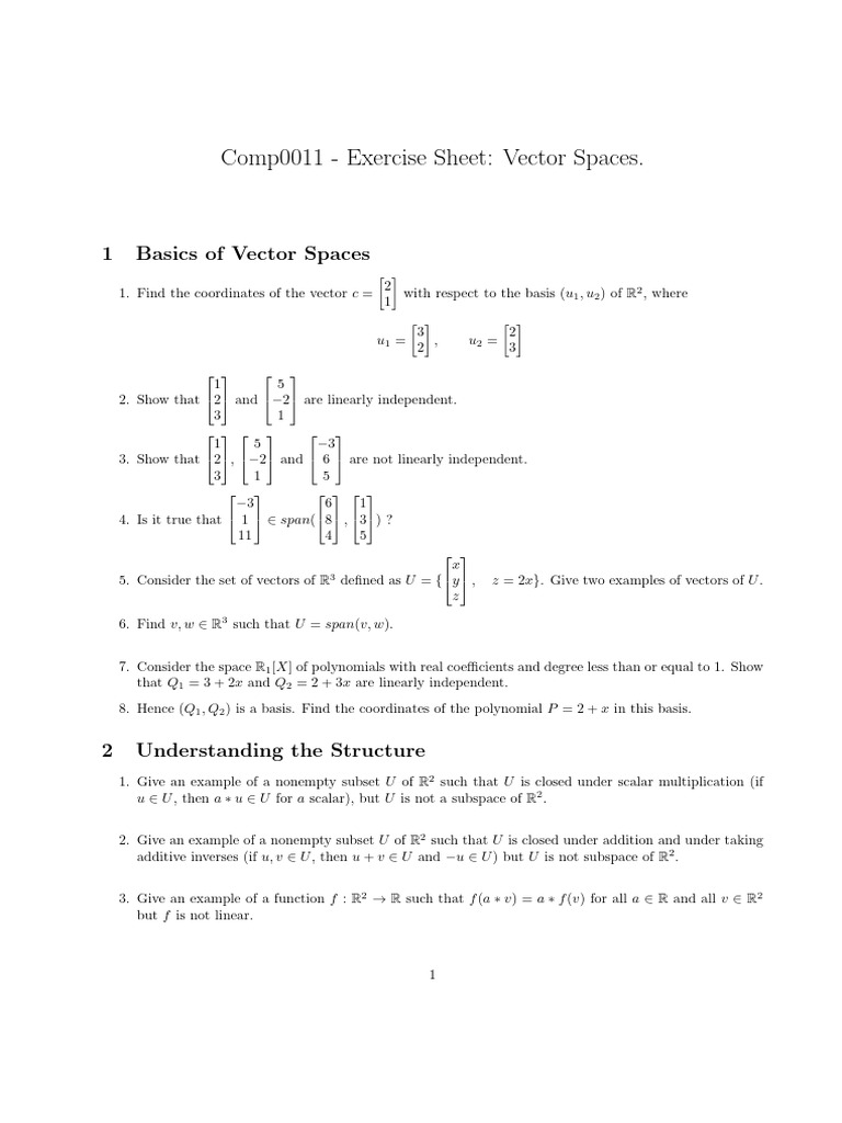 Exercise Sheet Vector Spaces | PDF | Basis (Linear Algebra) | Vector Space