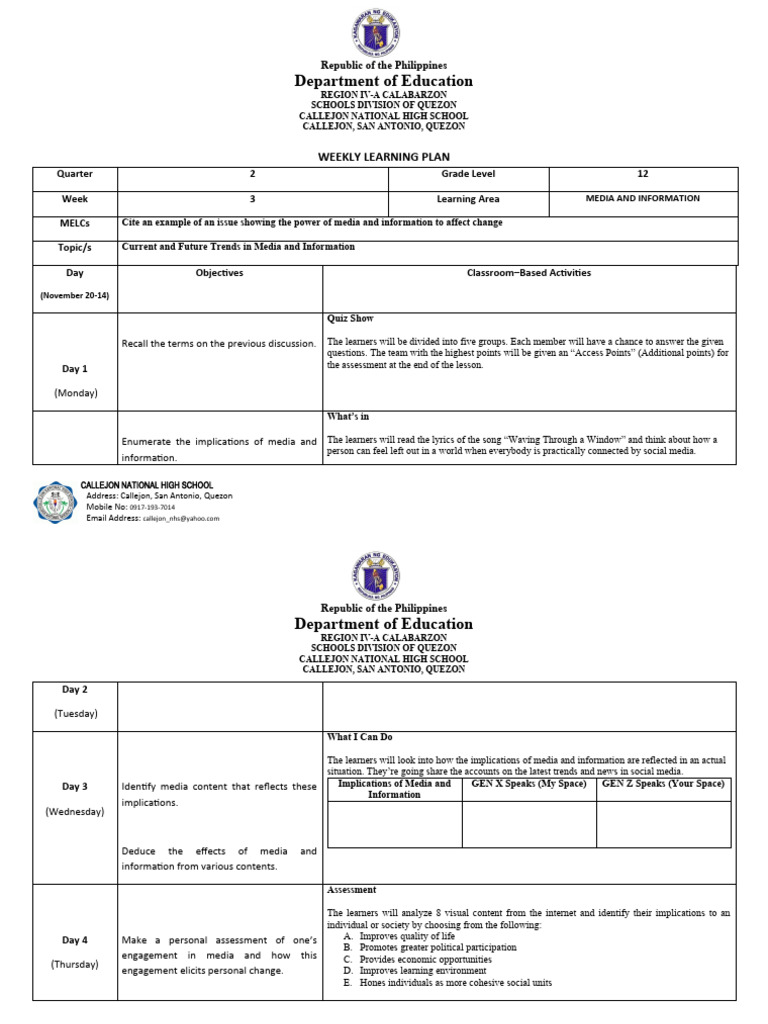 Media and Information Literacy Daily Lesson Log | PDF | Learning | Social Media
