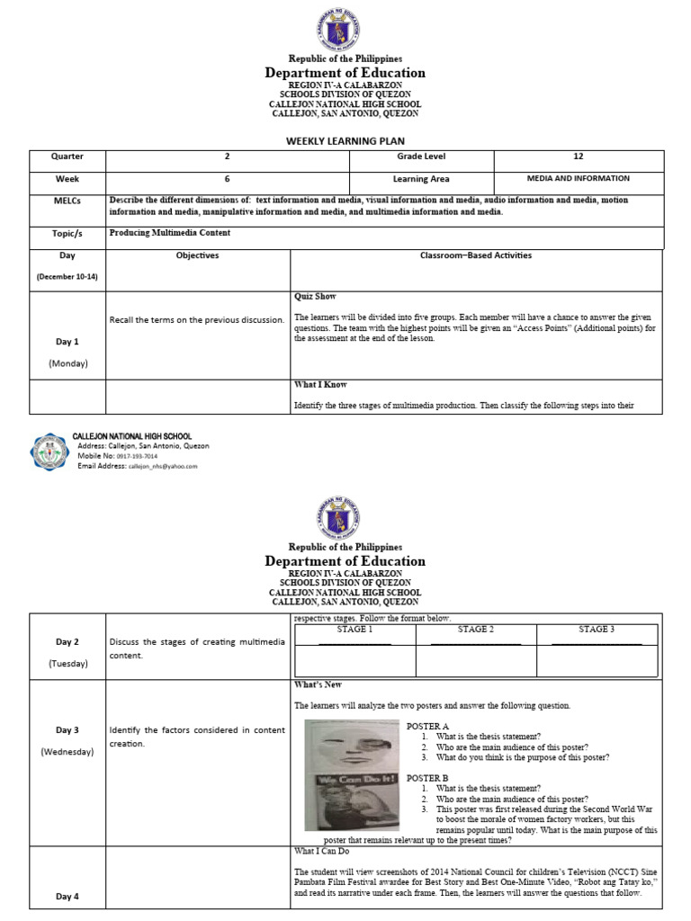 Media And Information Literacy Daily Lesson Log Pdf Multimedia