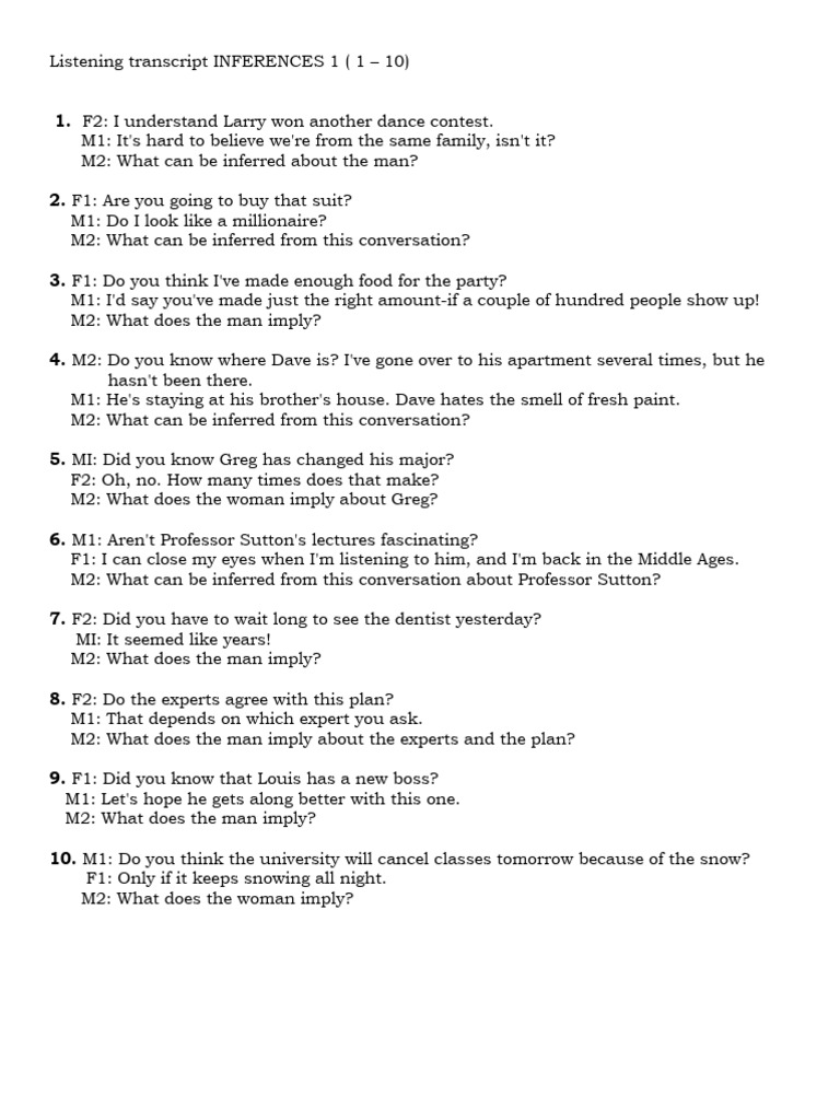 Listening Transcript INFERENCES 1 NO. 1 - 10 | PDF