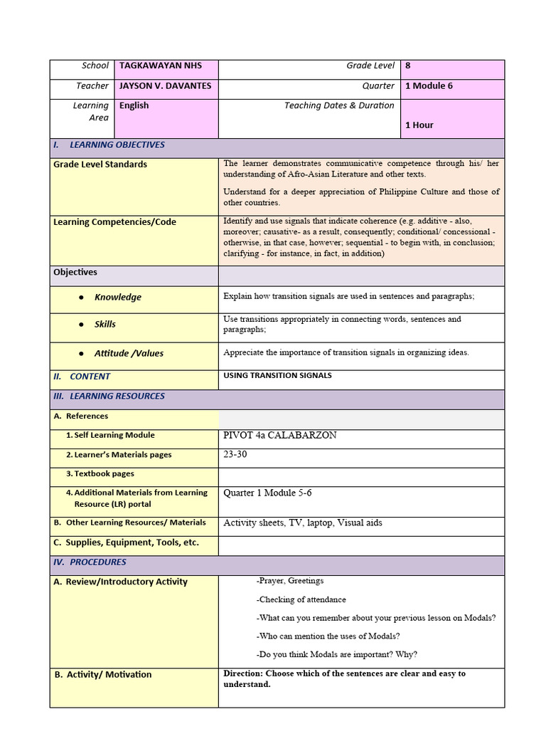 DLP Eng8 Q1 M4 | PDF | Learning | Language Education