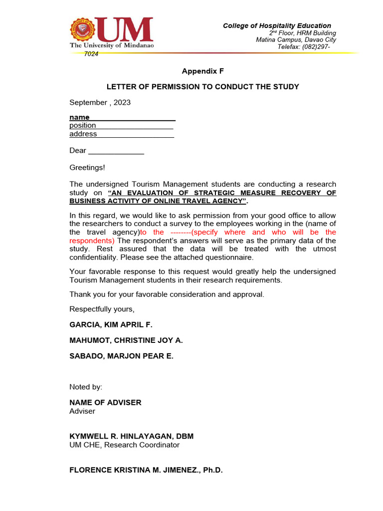 F Letter of Permission To Conduct The Study UPDATED NOT DONE | PDF