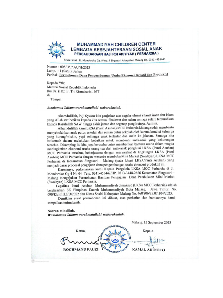 Proposal - Revisi Surat Pengantar - Usaha Mini Market (Swalayan) Lksa MCC Perharsia Malang - 15 ...