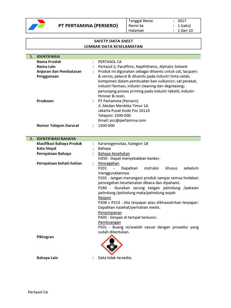 Lembar Data Keselamatan Pertasol CA | PDF