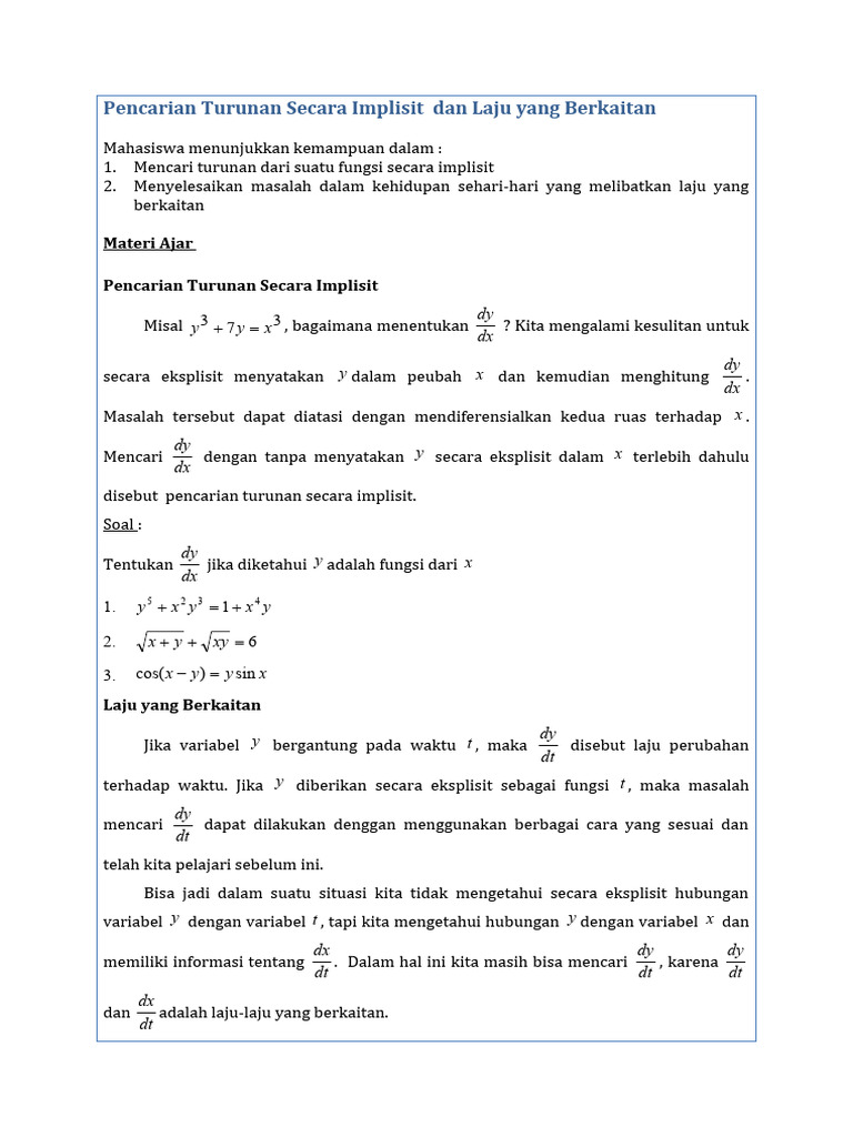 Turunan Secara Implisit Dan Laju Yang Berkaitan | PDF