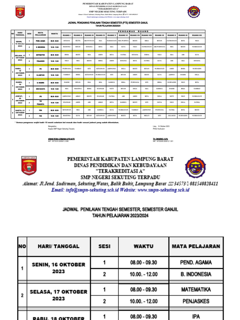 Jadwal Pengawas Pts 2023 | PDF