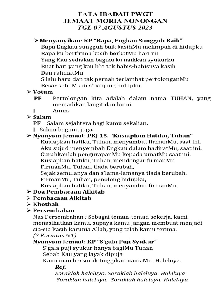 Liturgi PWGT - 07 Aug 2023 | PDF