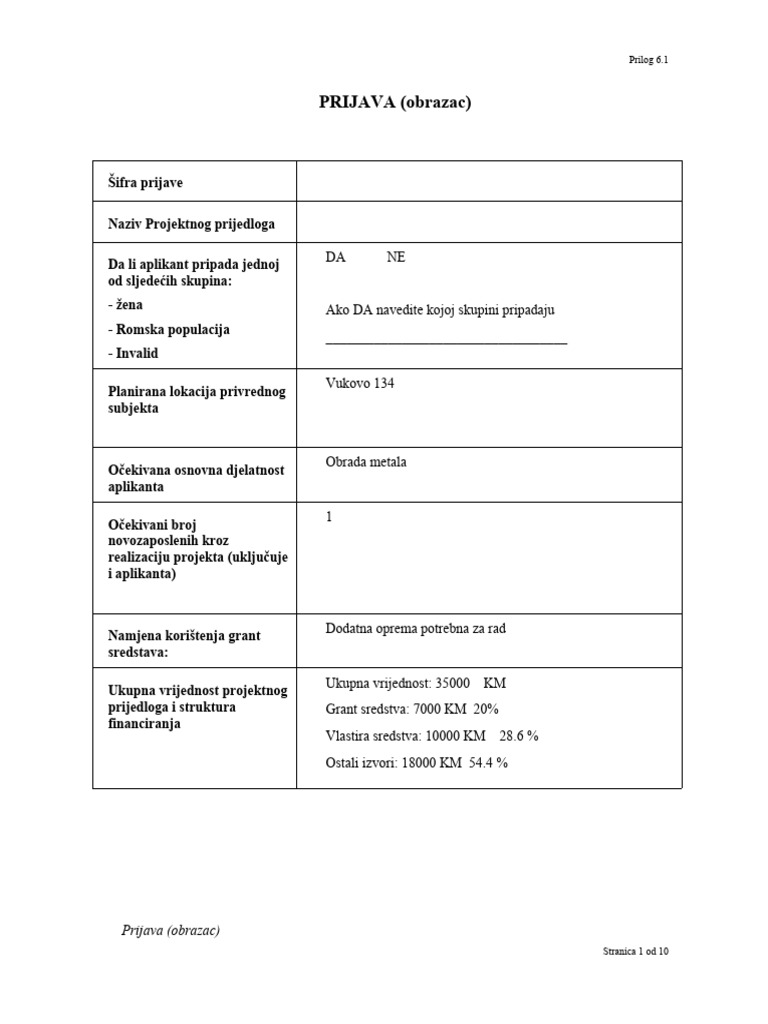 Primjer Prijavni Obrazac | PDF