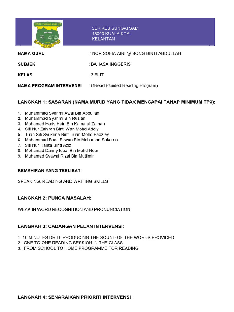 Intervensi PBD Bahasa Inggeris Tahun 3 | PDF