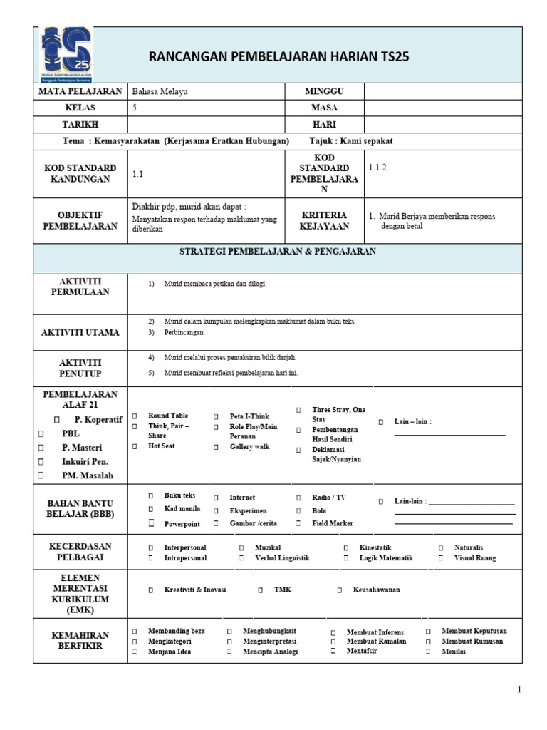RPH-Bahasa-Melayu-Tahun-5-KSSR-Semakan-Unit-2-Kerjasama-Eratkan-Hubungan | PDF