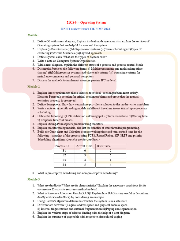 21cs44 Os - Simp 2023 (For 21 Scheme Only) - Tie | PDF | Scheduling (Computing) | Thread (Computing)