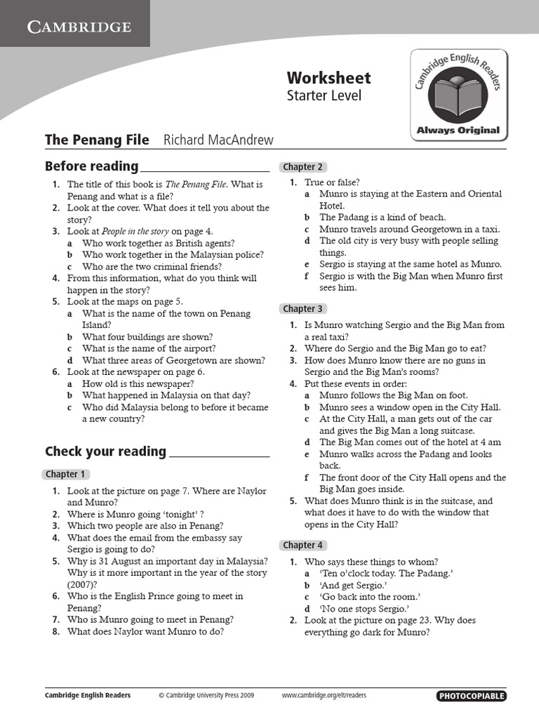 Cambridge English Readers Starter Beginner The Penang File Worksheet | PDF