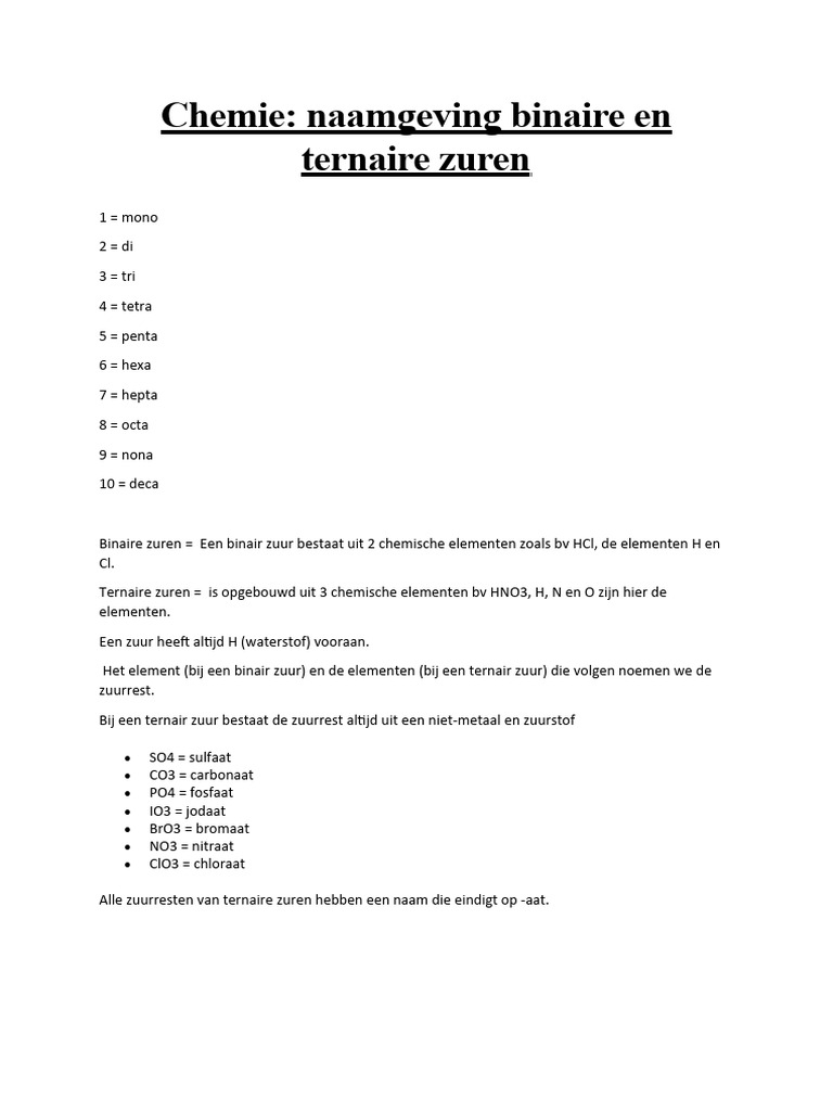 Chemie Naamgeving Binaire en Ternaire Zuren | PDF