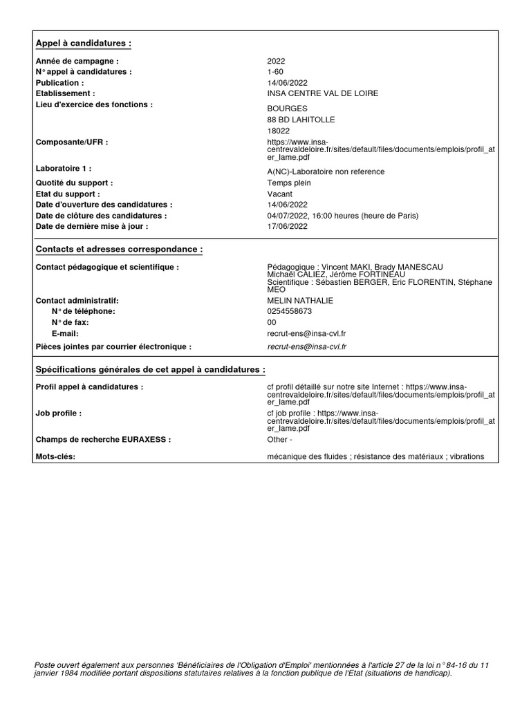 Appel à Candidatures ATER 2022 INSA CVL | PDF