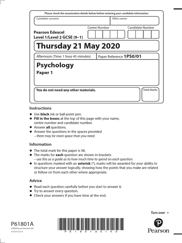 1ps0 May 2020 Paper 1 QP Edexcel Gcse Psychology | PDF | Cognition ...
