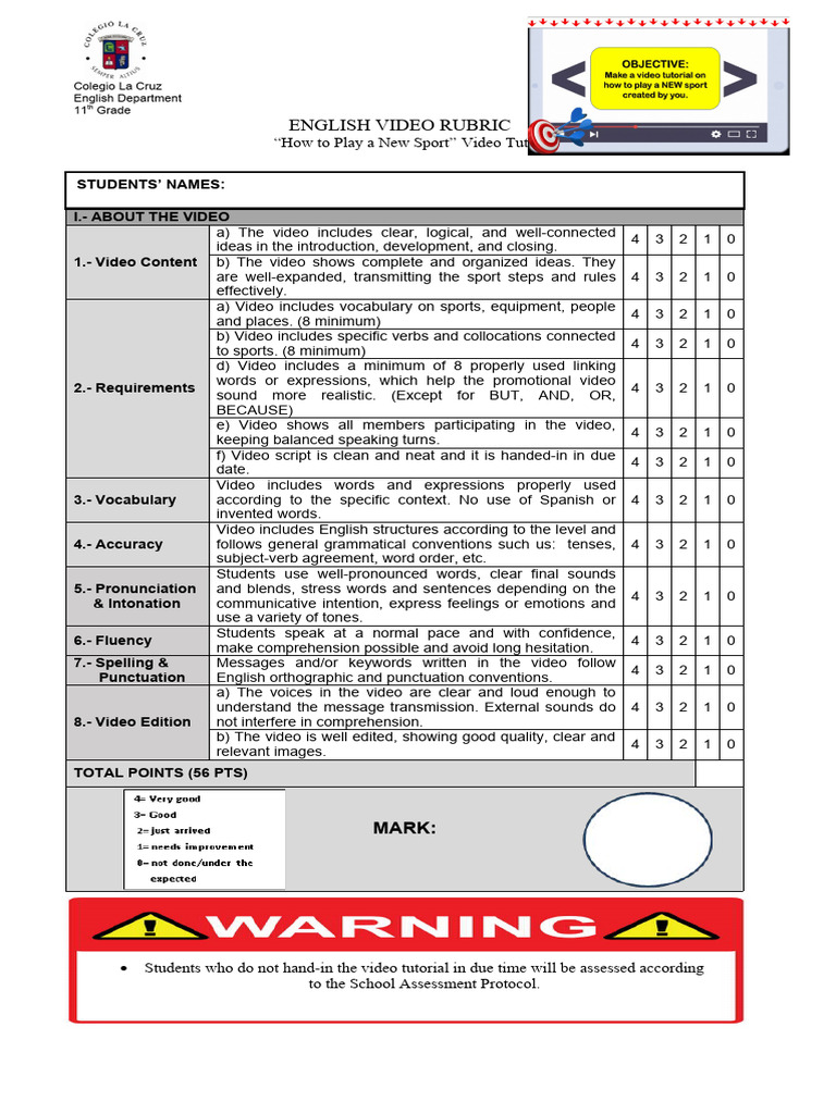 11th Video Rubric Pdf Word English Language