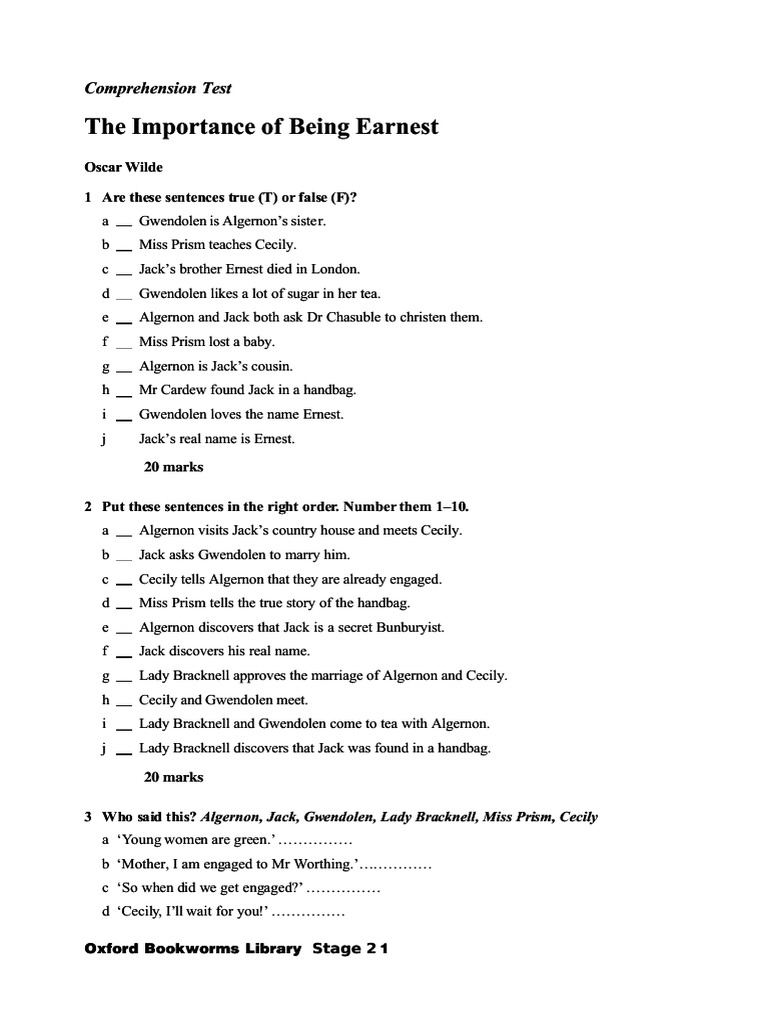 The Importance of Being Earnest Test | PDF | The Importance Of Being ...