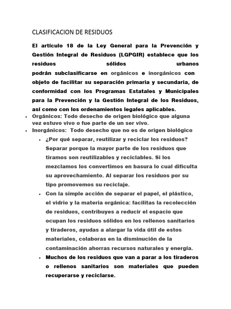 Clasificacion de Residuos | PDF | Residuos | Reciclaje